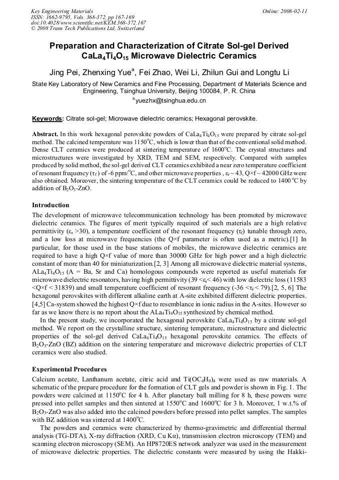 Preparation and Characterization of Citrate Sol-Gel Derived CaLa4Ti4O15 ...