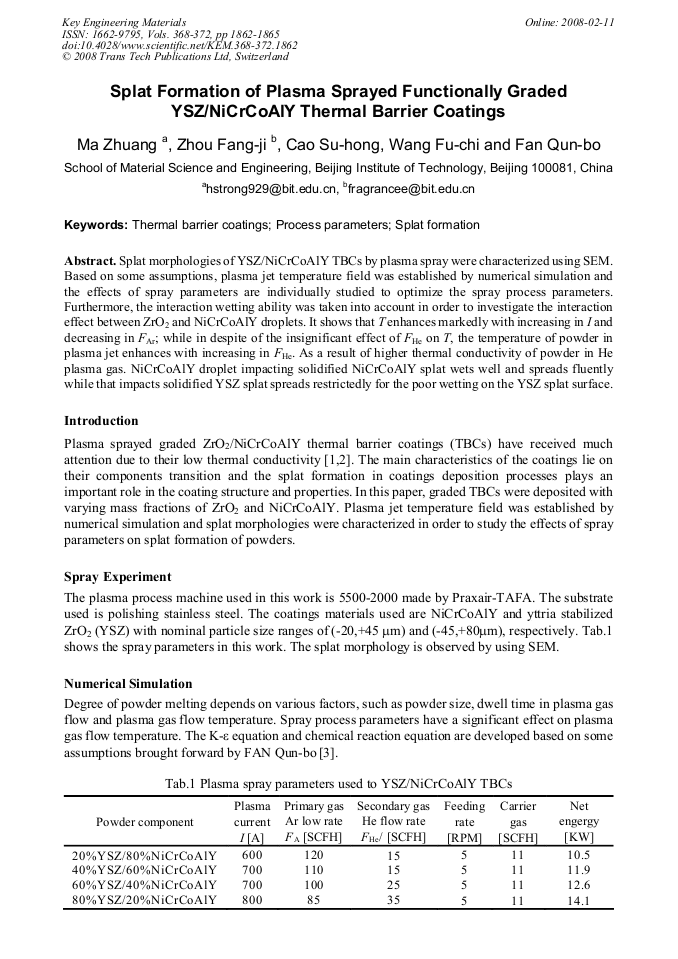 Splat Formation of Plasma Sprayed Functionally Graded YSZ/NiCrCoAlY ...