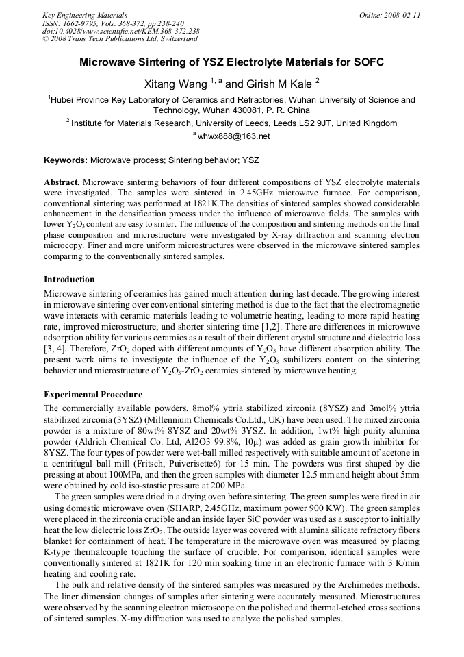 Microwave Sintering of YSZ Electrolyte Materials for SOFC | Scientific.Net
