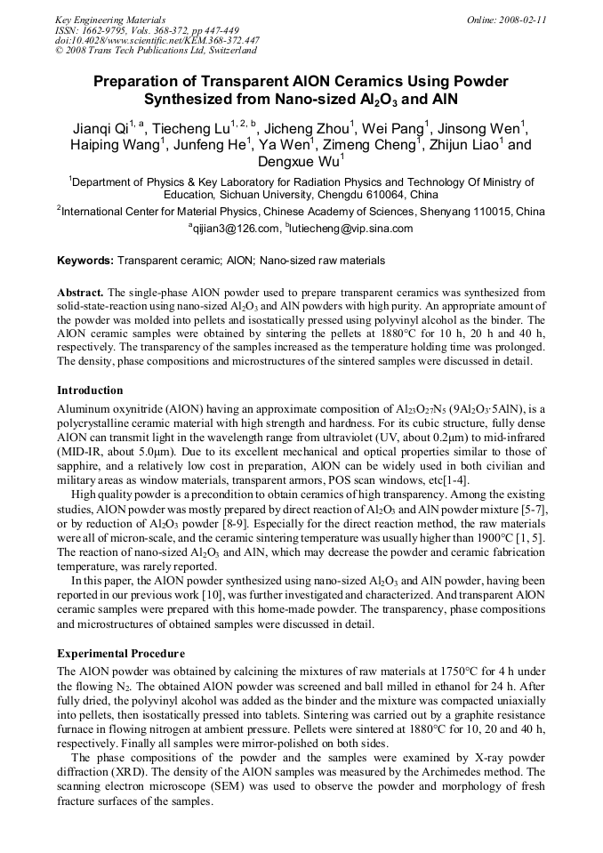 Preparation of Transparent AlON Ceramics Using Powder Synthesized from ...
