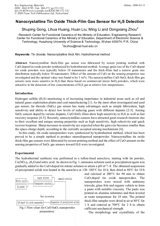 Nanocrystalline Tin Oxide Thick-Film Gas Sensor for H2S Detection ...
