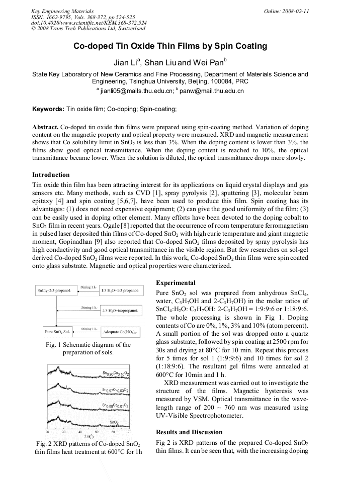 Co-Doped Tin Oxide Thin Films by Spin Coating | Scientific.Net