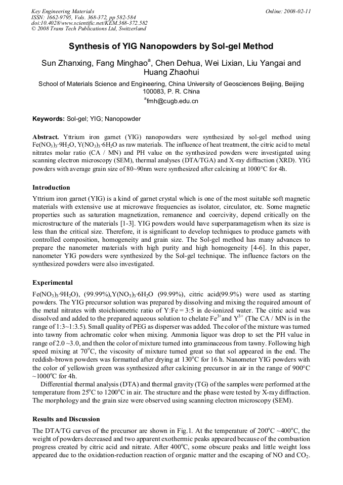 Synthesis of YIG Nanopowders by Sol-Gel Method | Scientific.Net