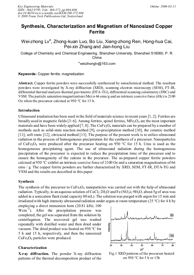 Synthesis, Characterization and Magnetism of Nanosized Copper Ferrite ...