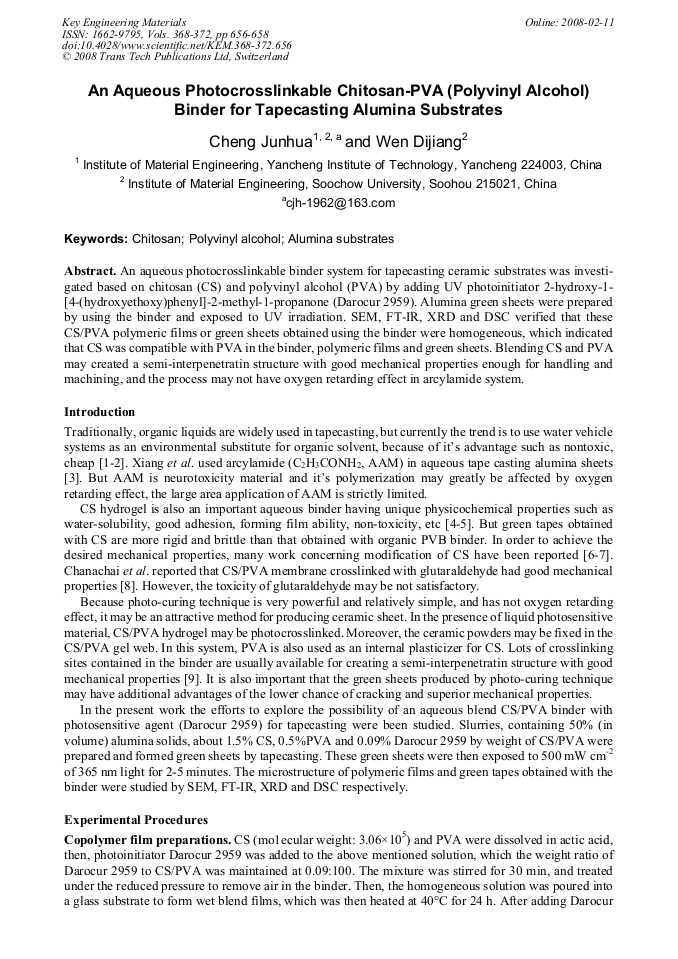 An Aqueous Photocrosslinkable Chitosan-PVA (Polyvinyl Alcohol) Binder ...