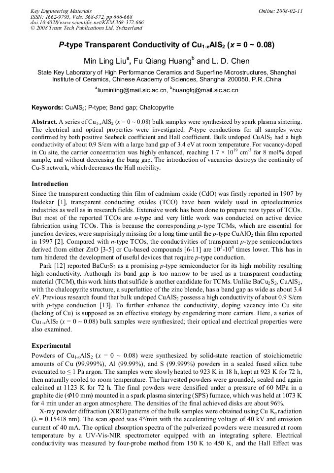 P-Type Transparent Conductivity of Cu1-xAlS2 (x = 0 ~ 0.08 ...