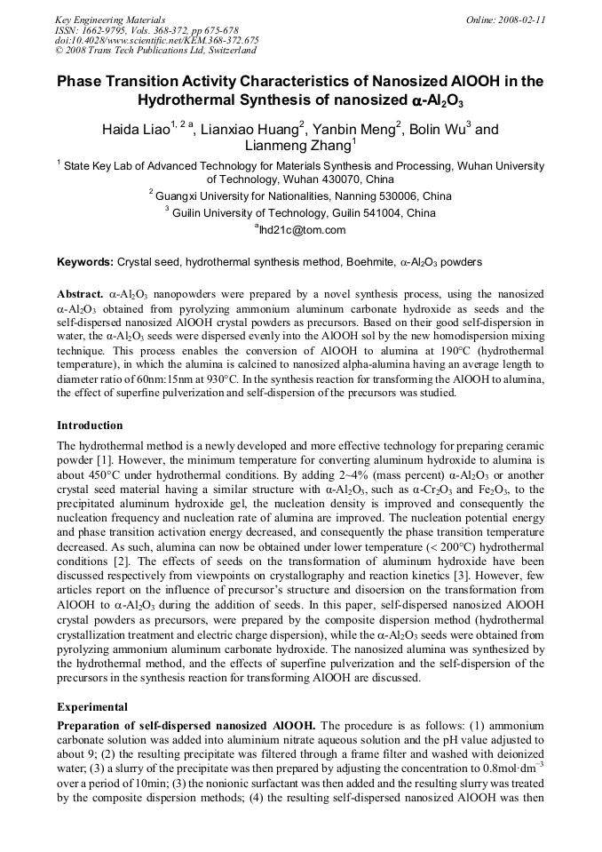 Phase Transition Activity Characteristics of Nanosized AlOOH in the ...