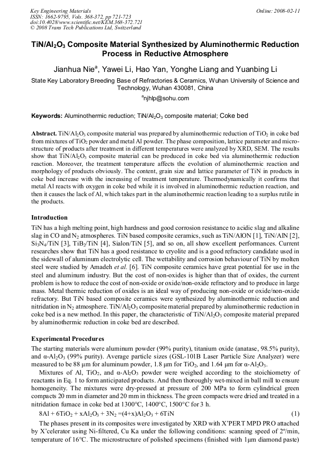 TiN/Al2O3 Composite Material Synthesized by Aluminothermic Reduction ...
