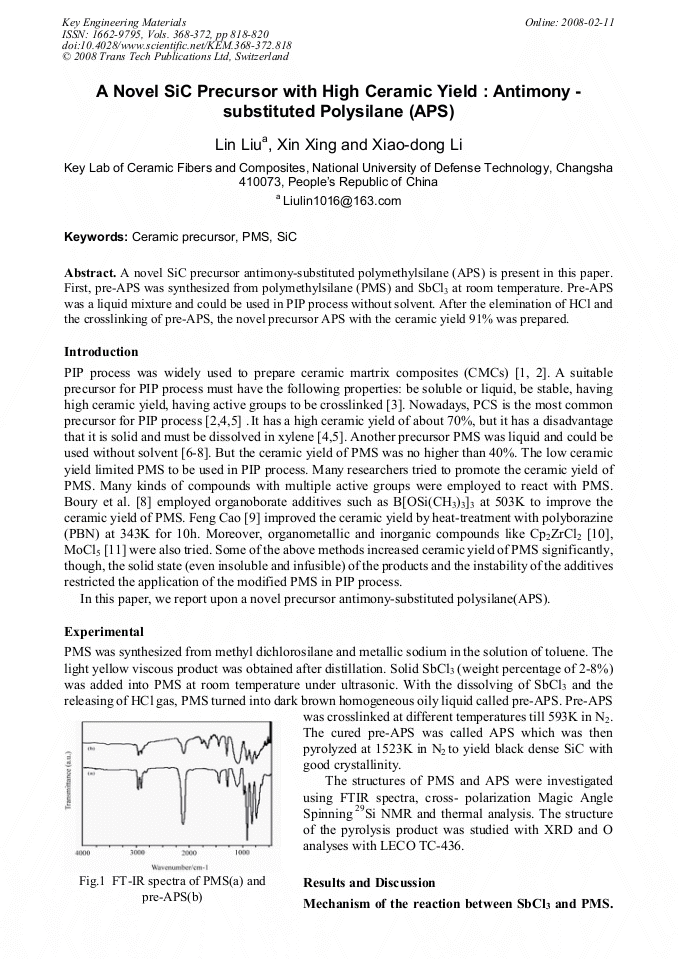 A Novel SiC Precursor with High Ceramic Yield: Antimony-Substituted ...