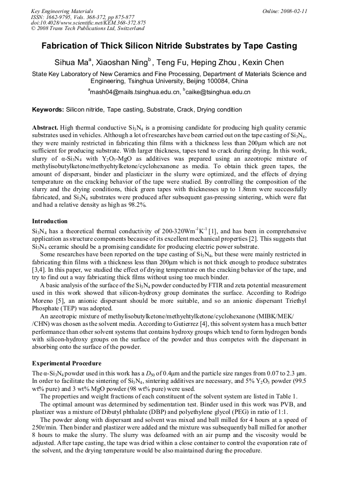 Fabrication of Thick Silicon Nitride Substrates by Tape Casting ...