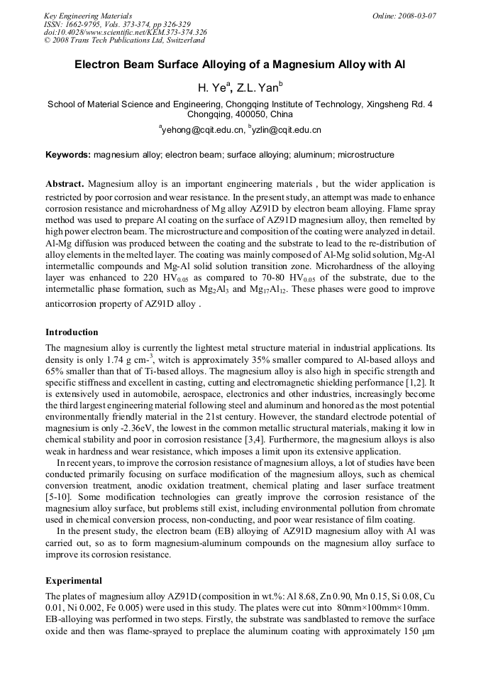 Electron Beam Surface Alloying of a Magnesium Alloy with Al ...