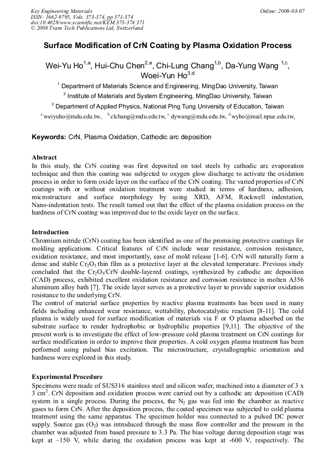 Surface Modification of CrN Coating by Plasma Oxidation Process ...