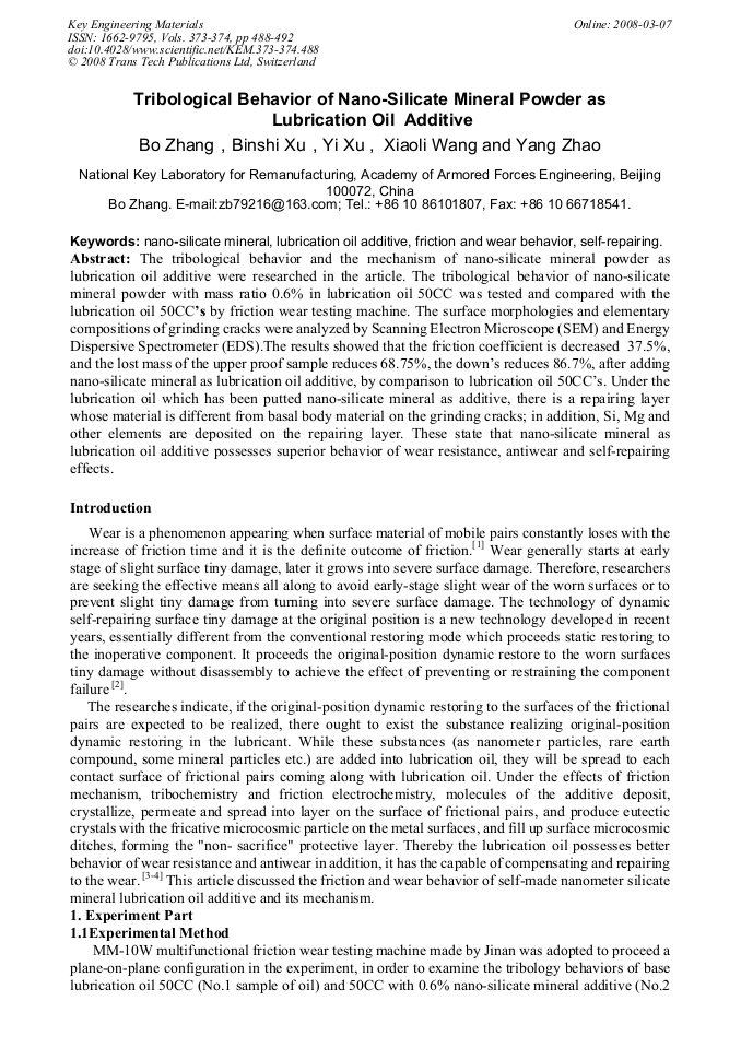 Tribological Behavior of Nano-Silicate Mineral Powder as Lubrication ...