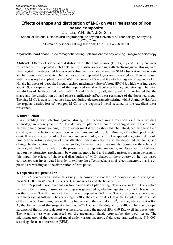 Effects of Shape and Distribution of M7C3 on Wear Resistance of Iron ...