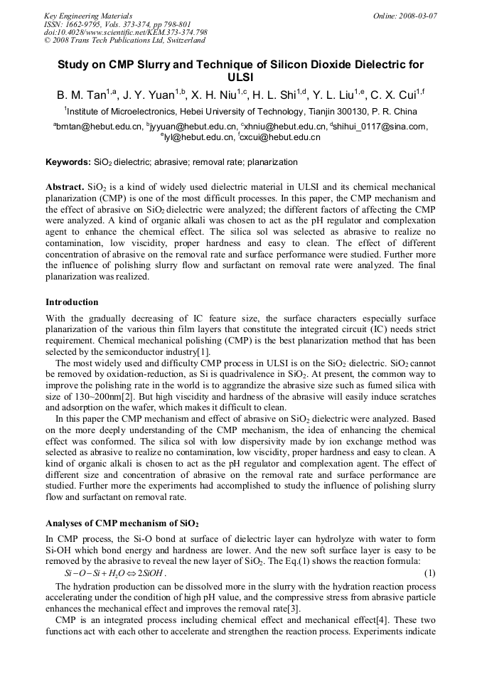 Study on CMP Slurry and Technique of Silicon Dioxide Dielectric for ...