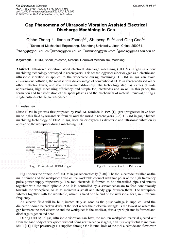Gap Phenomena of Ultrasonic Vibration Assisted Electrical Discharge ...