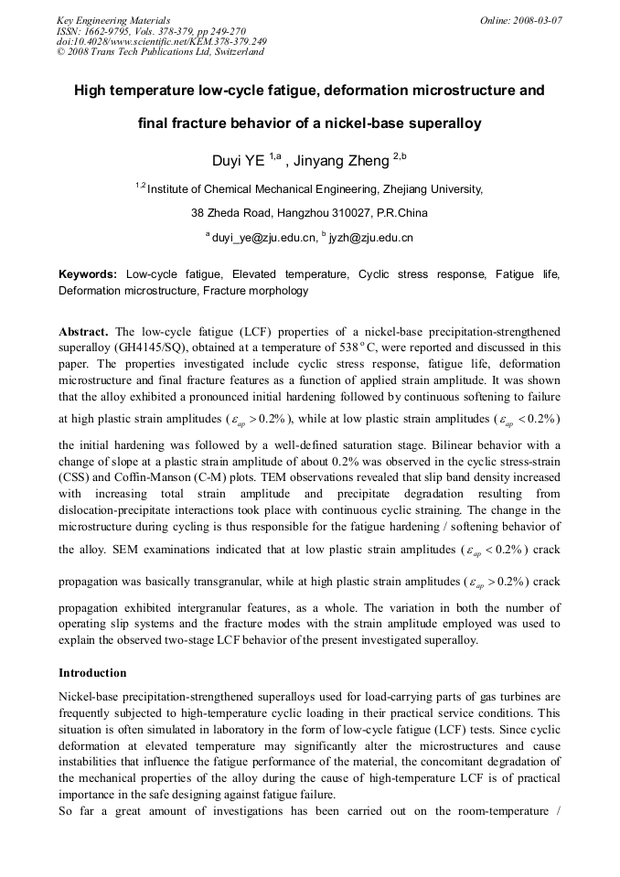 High Temperature Low-Cycle Fatigue, Deformation Microstructure and Final Fracture Behavior of a ...