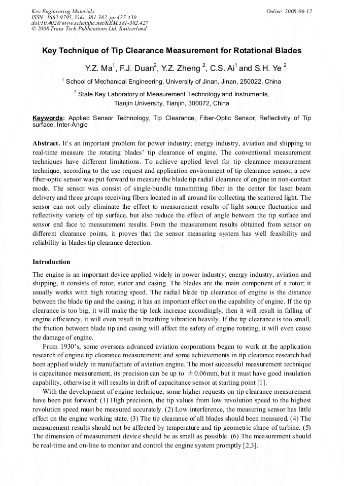 Key Technique of Tip Clearance Measurement for Rotational Blades ...