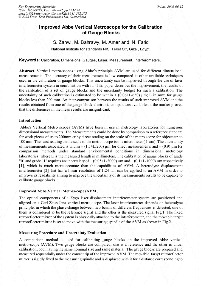 Improved Abbe Vertical Metroscope for the Calibration of Gauge Blocks ...