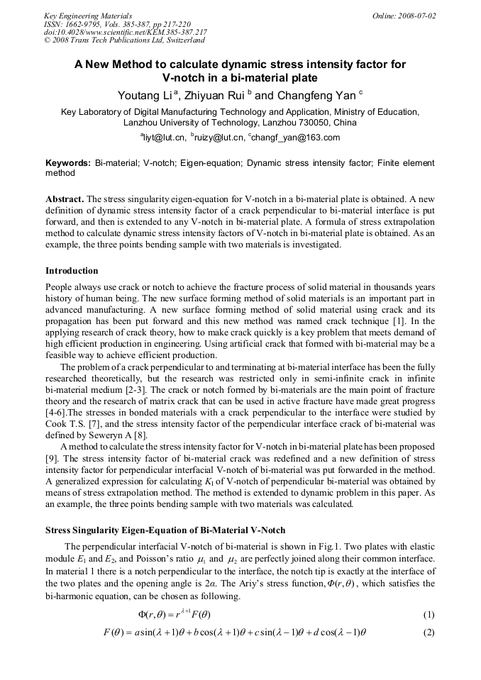 A New Method to Calculate Dynamic Stress Intensity Factor for V-Notch ...