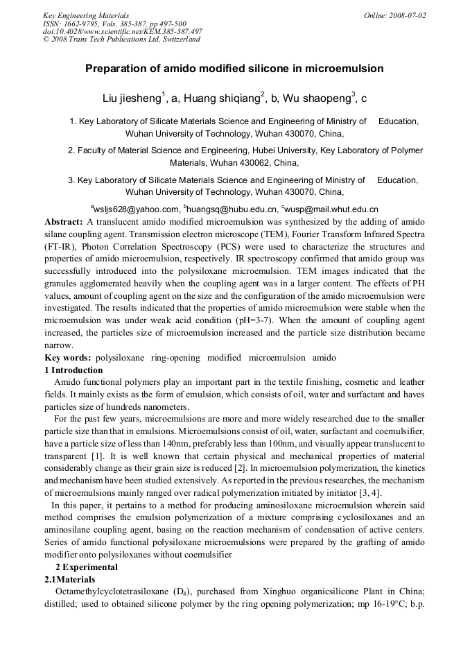 Preparation of Amido Modified Silicone in Microemulsion | Scientific.Net