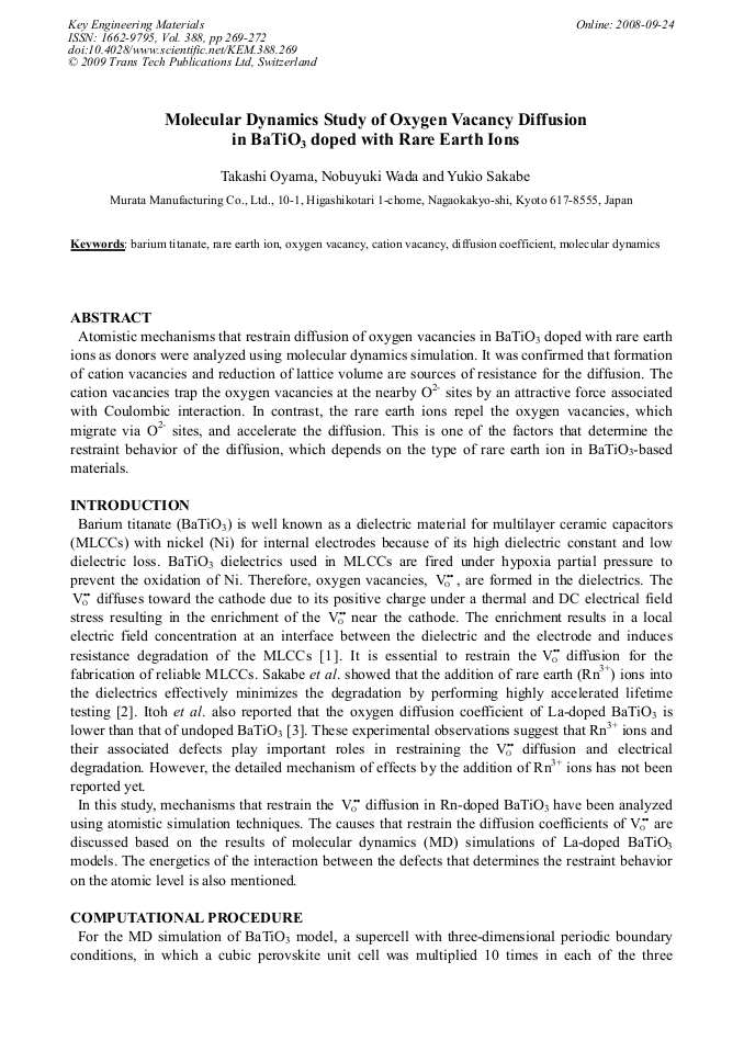Molecular Dynamics Study of Oxygen Vacancy Diffusion in BaTiO3 Doped ...