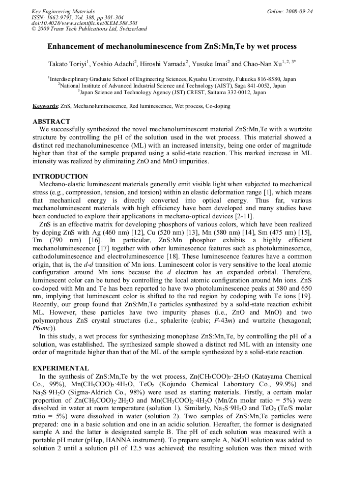 Enhancement of Mechanoluminescence from ZnS:Mn,Te by Wet Process ...