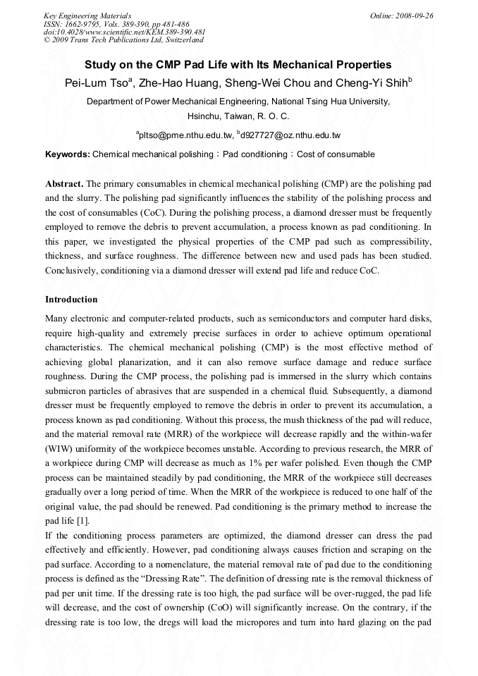 Study on the CMP Pad Life with its Mechanical Properties | Scientific.Net