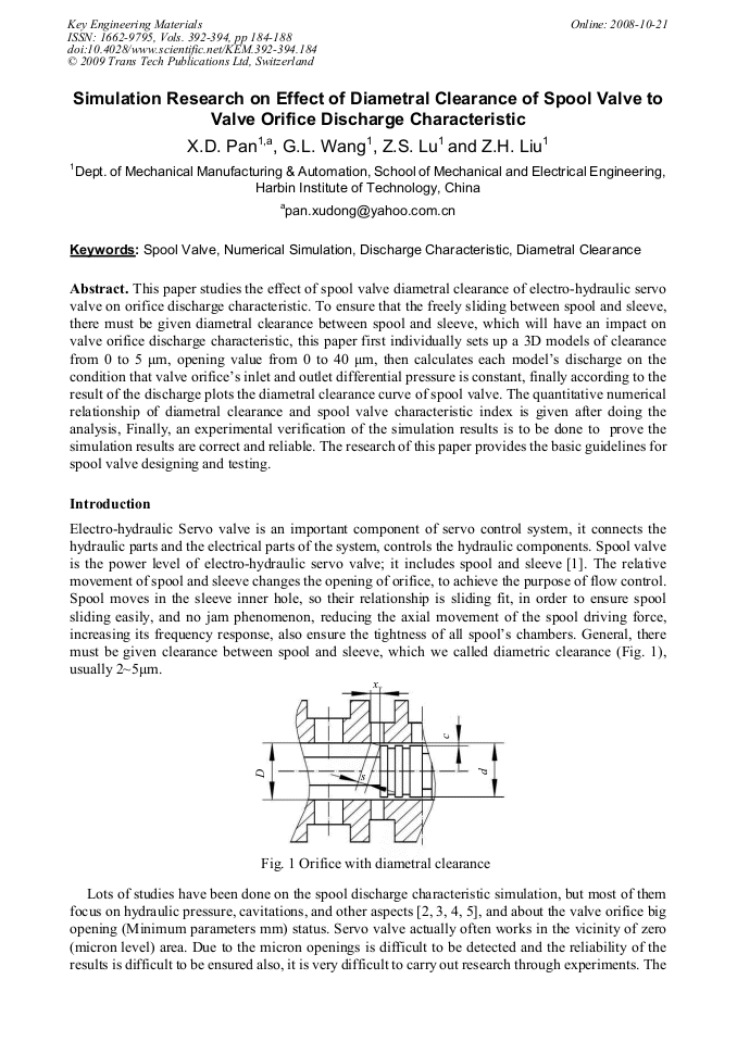 Simulation Research on Effect of Diametral Clearance of Spool Valve to ...