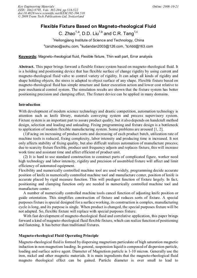 Flexible Fixture Based on Magneto-Rheological Fluid | Scientific.Net