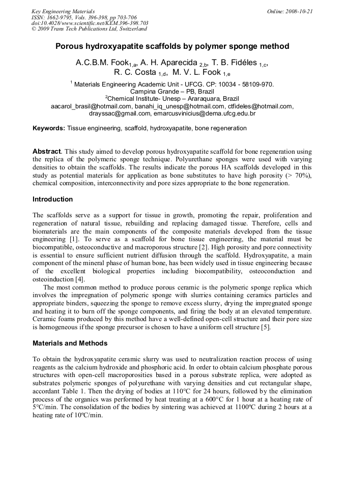 Porous Hydroxyapatite Scaffolds by Polymer Sponge Method | Scientific.Net