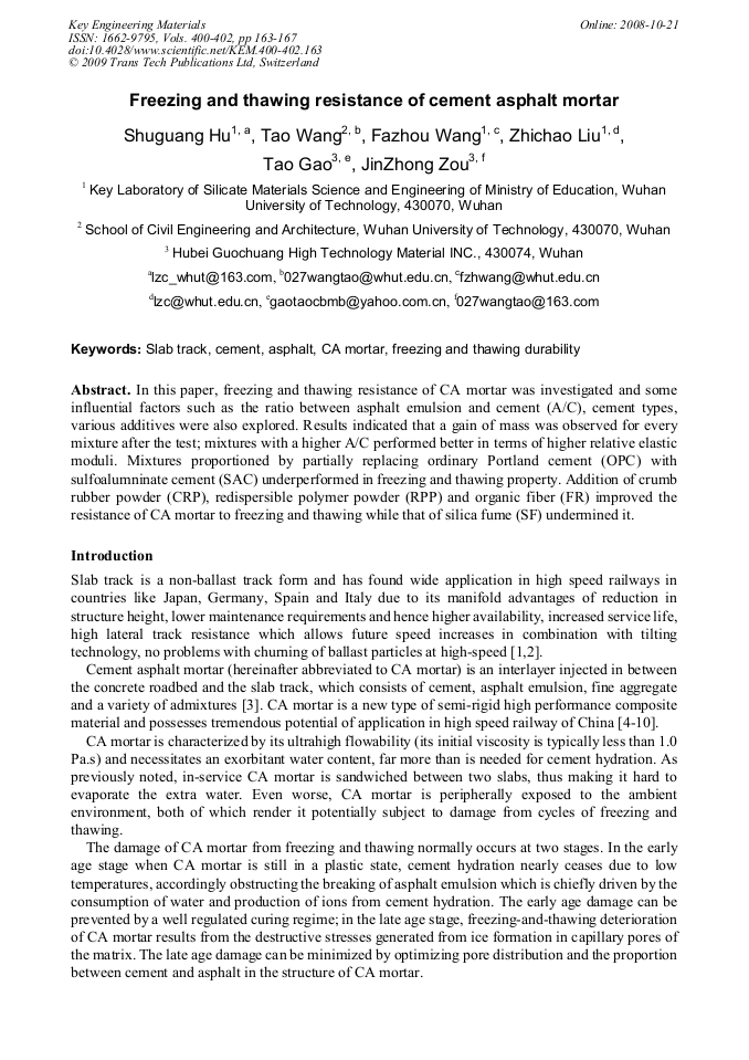 Freezing and Thawing Resistance of Cement Asphalt Mortar | Scientific.Net