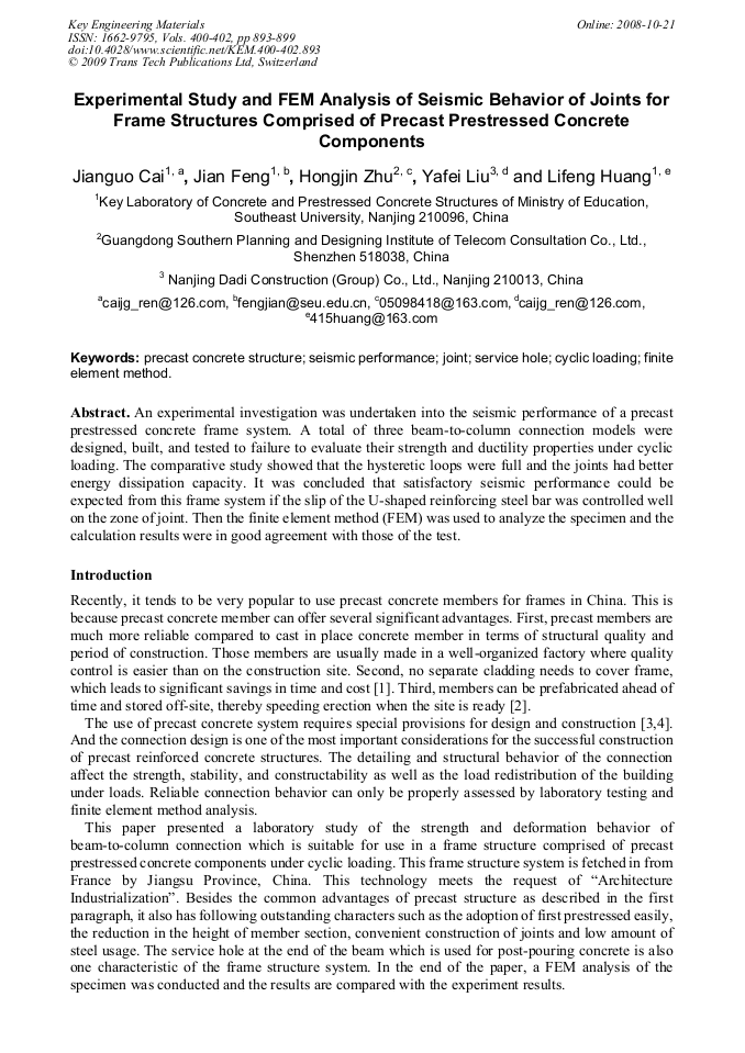 Experimental Study and FEM Analysis of Seismic Behavior of Joints for ...