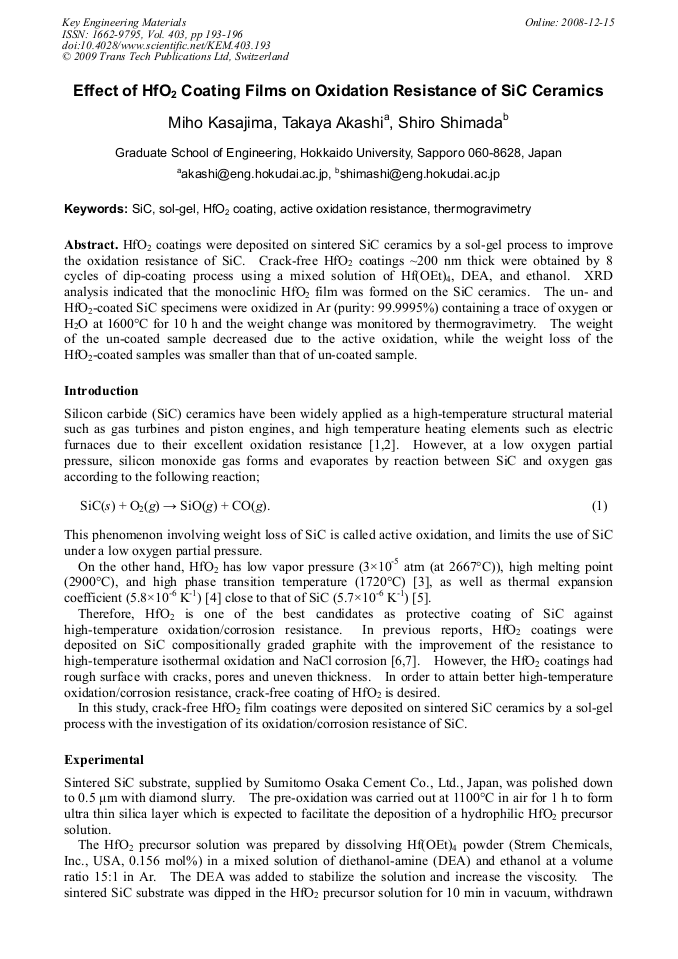 Effect of HfO2 Coating Films on Oxidation Resistance of SiC Ceramics ...