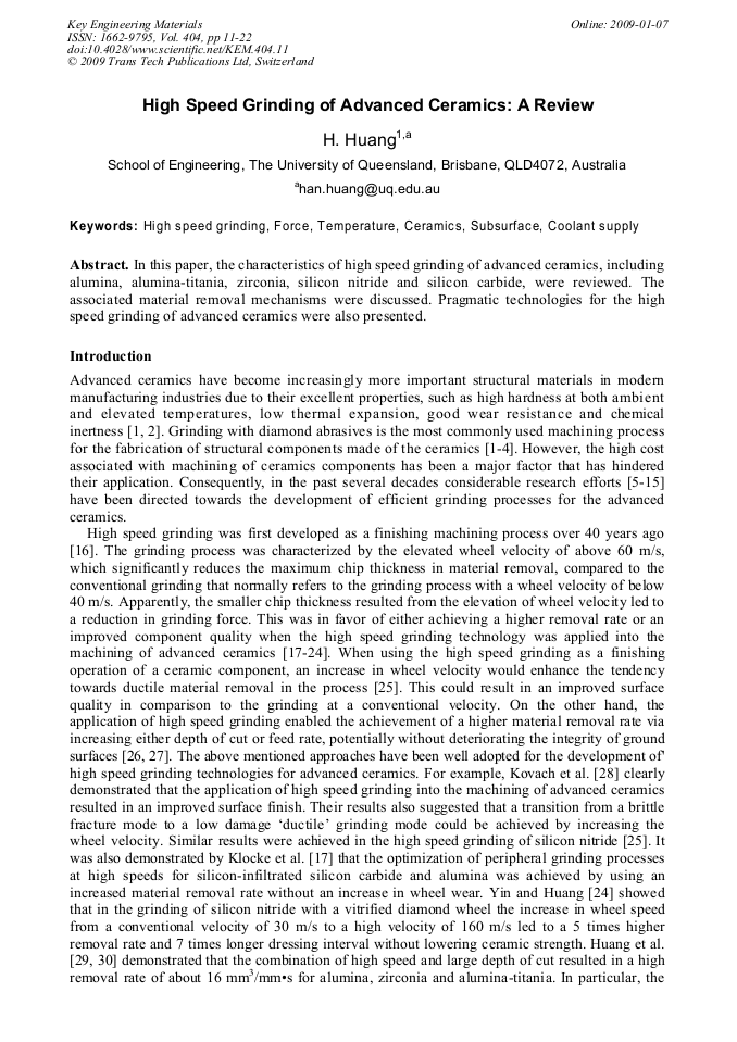 High Speed Grinding of Advanced Ceramics: A Review | Scientific.Net
