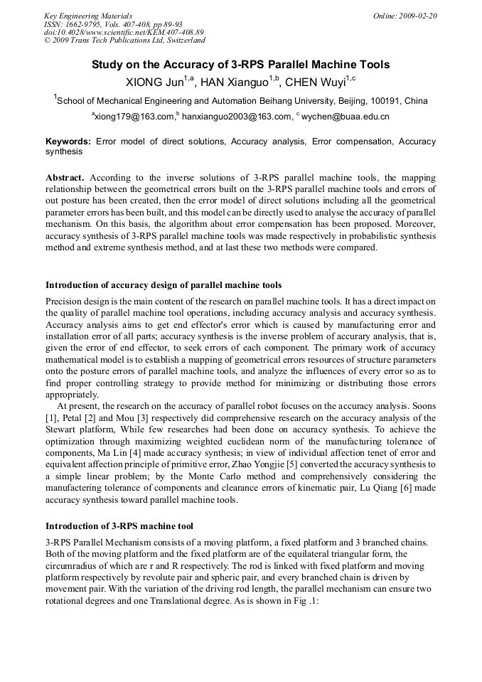 Study on the Accuracy of 3-RPS Parallel Machine Tools | Scientific.Net