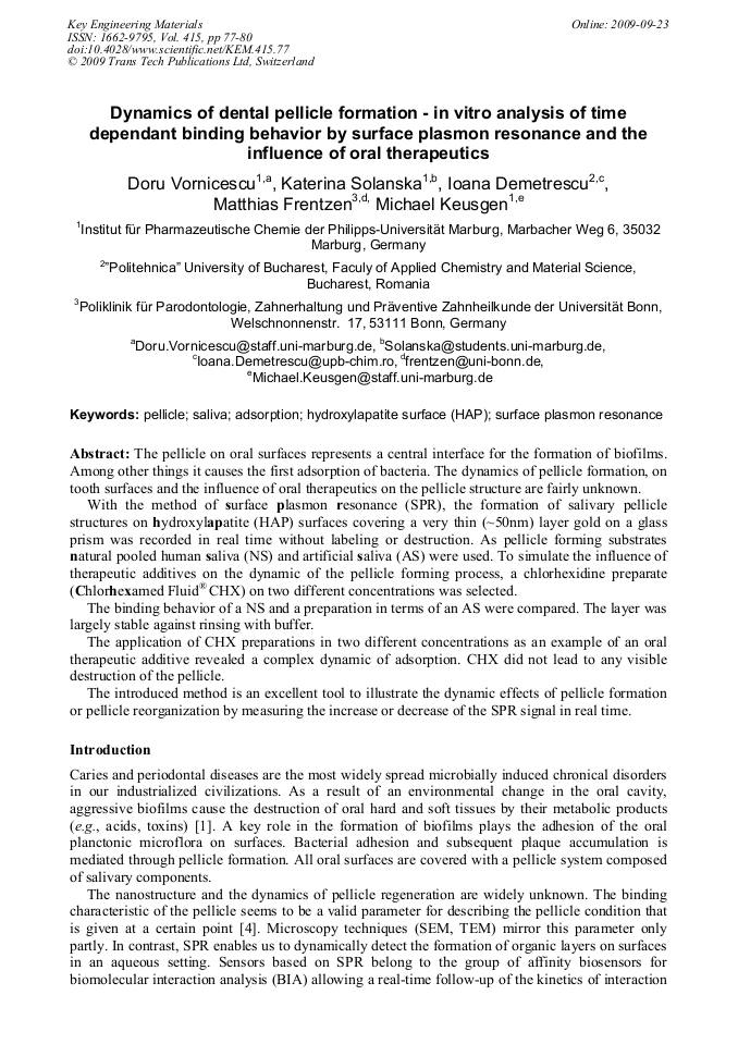 Dynamics of Dental Pellicle Formation - In Vitro Analysis of Time ...