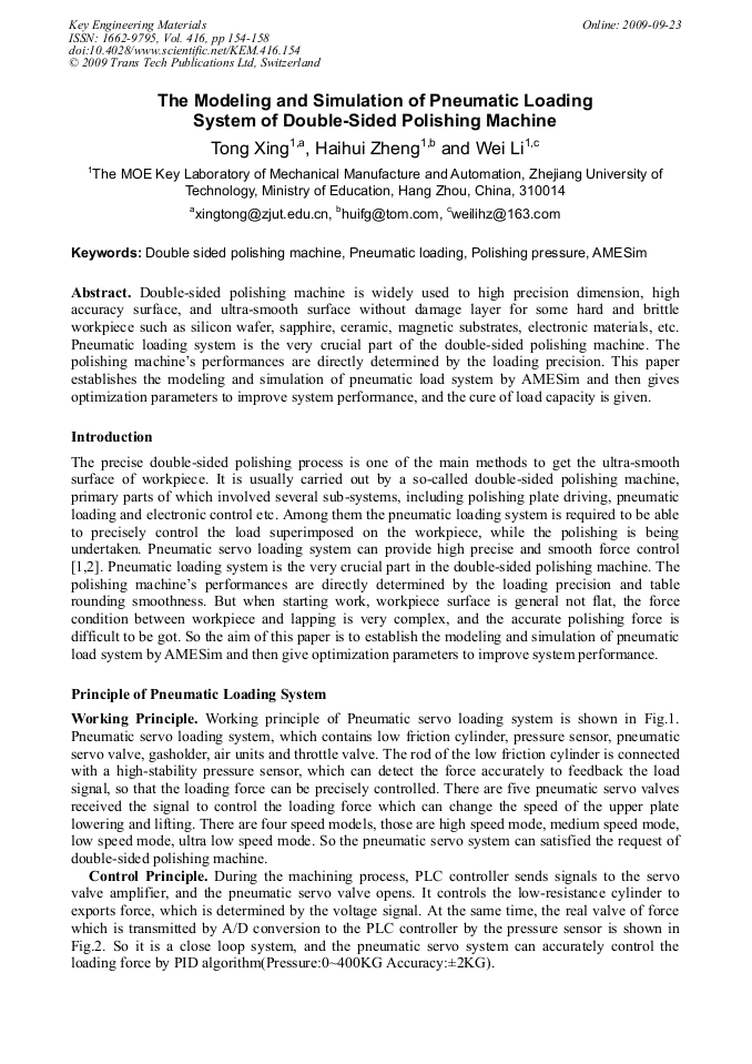 The Modeling and Simulation of Pneumatic Loading System of Double-Sided ...