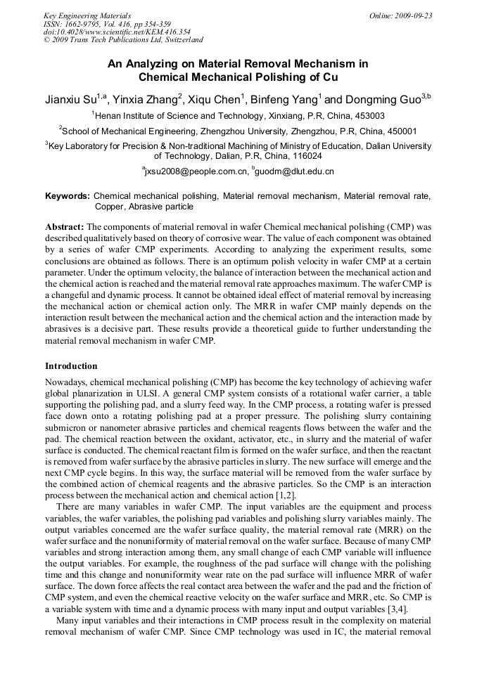 An Analyzing on Material Removal Mechanism in Chemical Mechanical ...