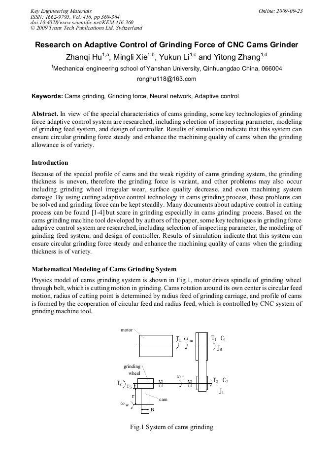 Research on Adaptive Control of Grinding Force of CNC Cams Grinder ...