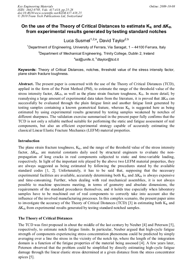 On the Use of the Theory of Critical Distances to Estimate KIc and ∆Kth ...