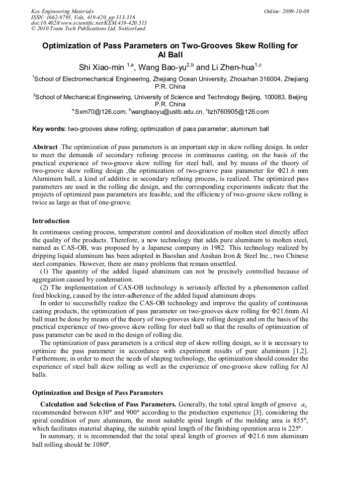 Optimization of Pass Parameters on Two-Grooves Skew Rolling for Al Ball ...