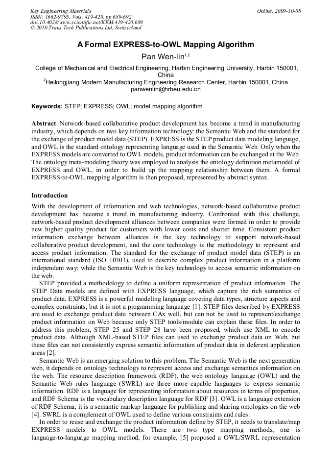A Formal EXPRESS-to-OWL Mapping Algorithm | Scientific.Net
