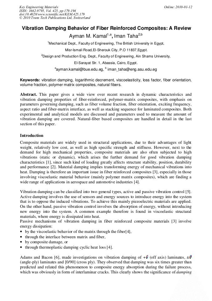 Vibration Damping Behavior of Fiber Reinforced Composites: A Review ...