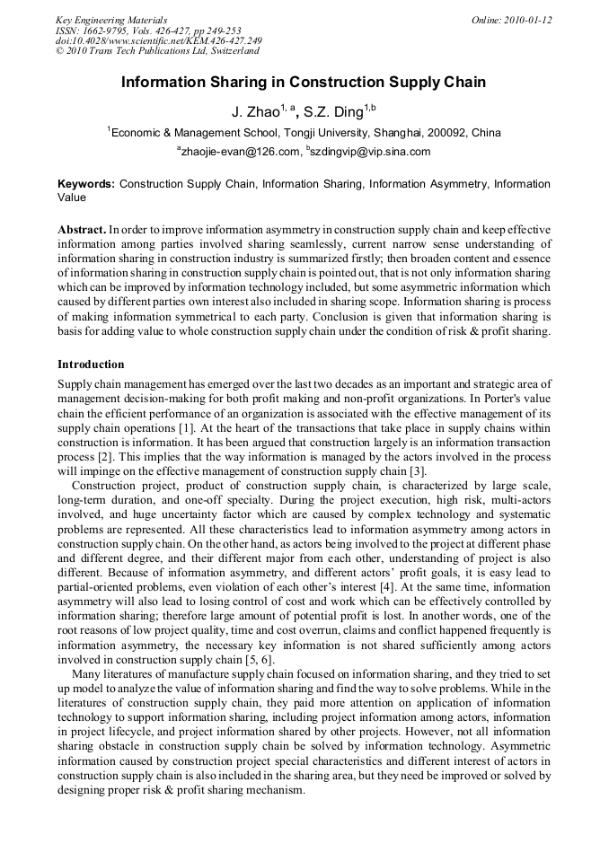 Information Sharing in Construction Supply Chain | Scientific.Net
