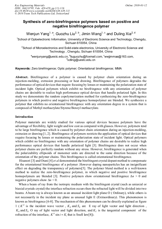 Synthesis of Zero-Birefringence Polymers Based on Positive and Negative ...