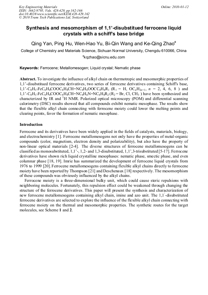 Synthesis and Mesomorphism of 1,1’-Disubstitued Ferrocene Liquid ...