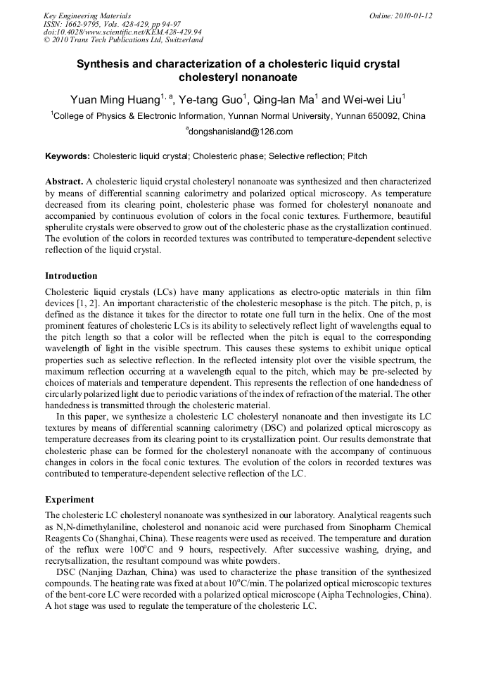 Synthesis and Characterization of a Cholesteric Liquid Crystal ...