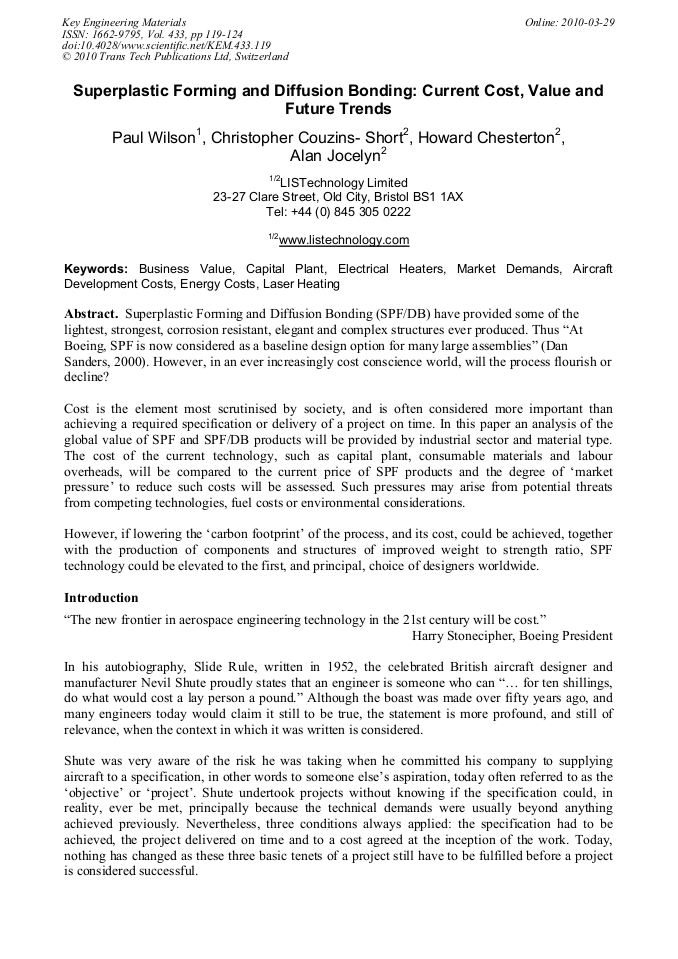 Superplastic Forming and Diffusion Bonding: Current Cost, Value and ...