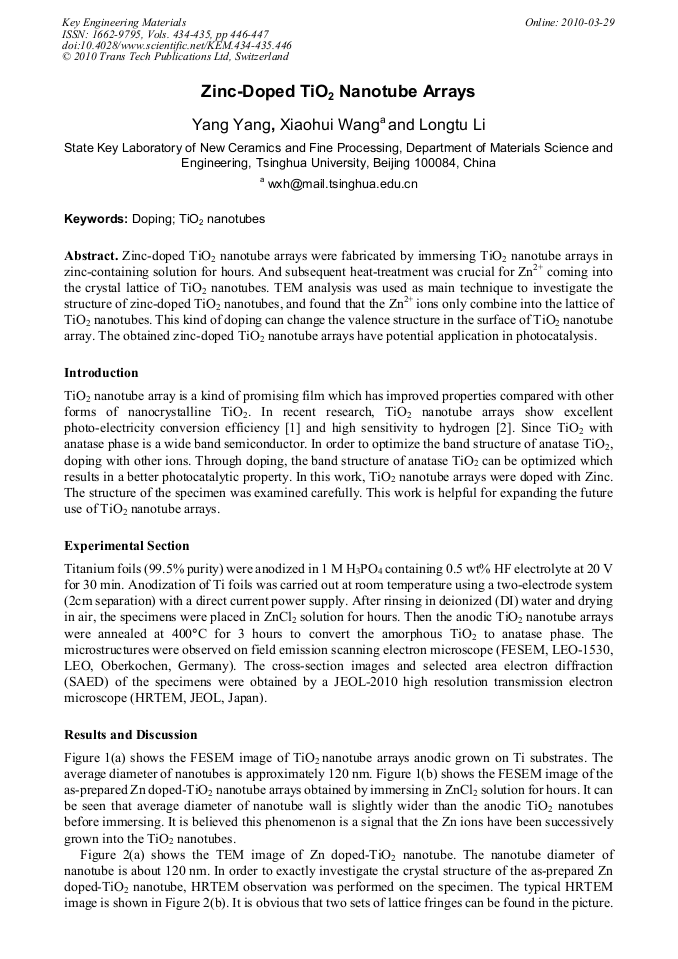 Zinc-Doped TiO2 Nanotube Arrays | Scientific.Net